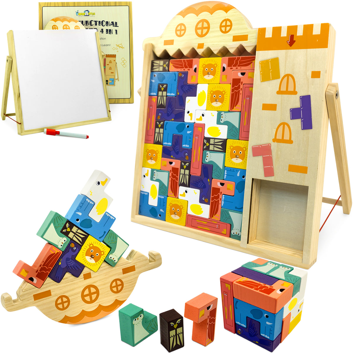 Tetra Stack Challenge 4-in-1 Wooden Puzzle & Balance Board Game – MiniArtis